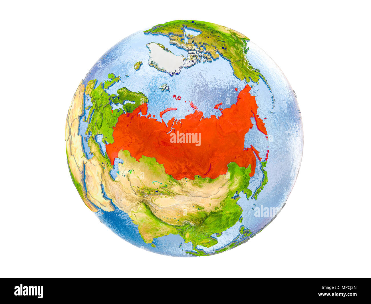 Russia highlighted in red on model of Earth. 3D illustration isolated ...