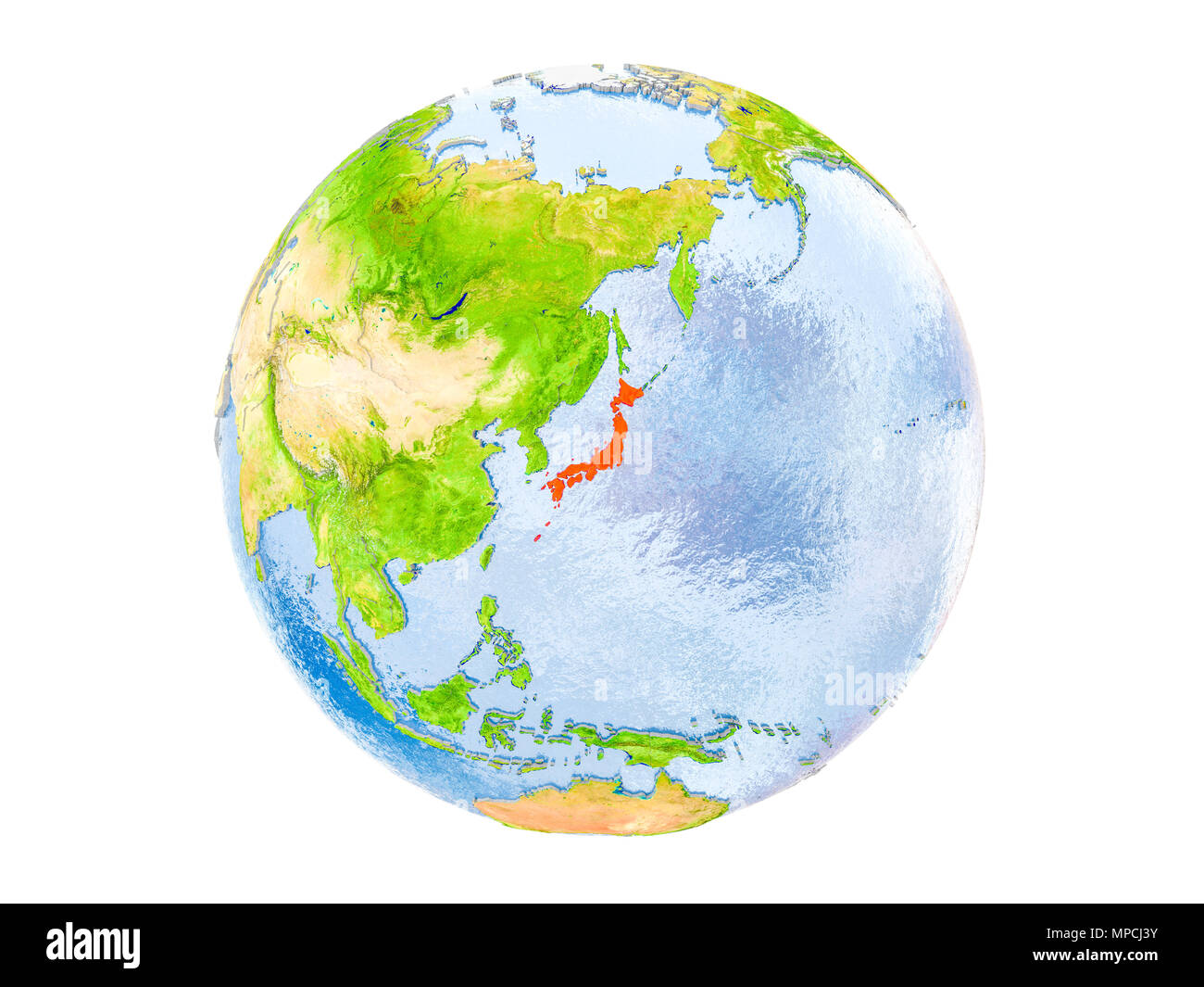 Japan highlighted in red on model of Earth. 3D illustration isolated on ...