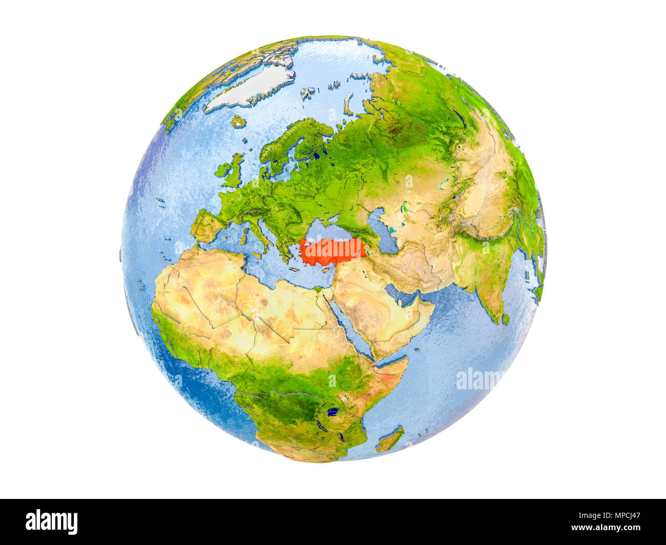 Turkey highlighted in red on model of Earth. 3D illustration isolated ...