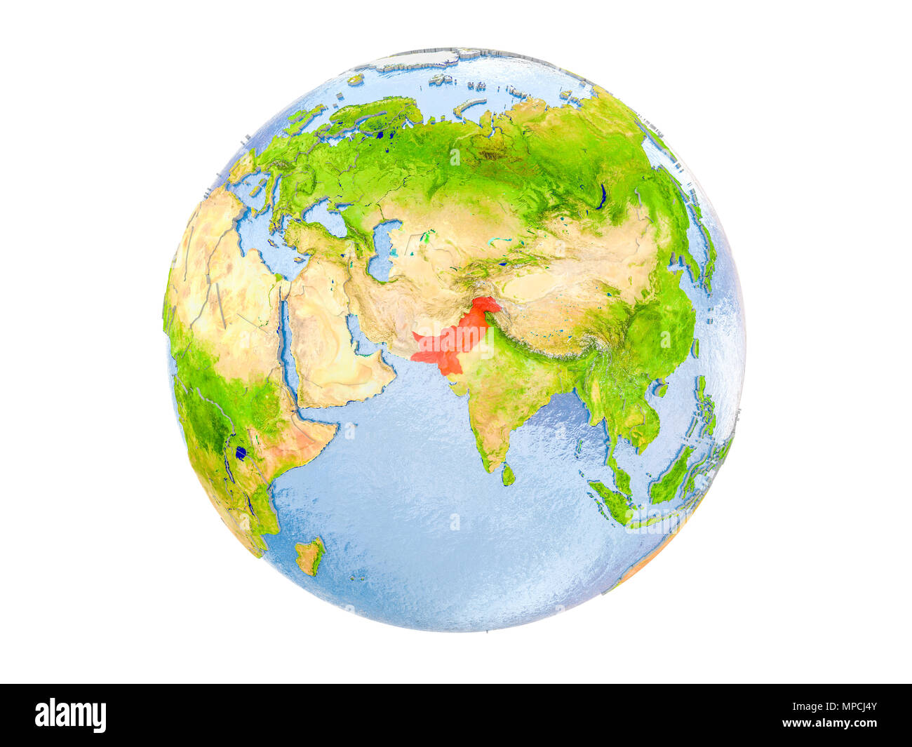 Pakistan highlighted in red on model of Earth. 3D illustration isolated ...