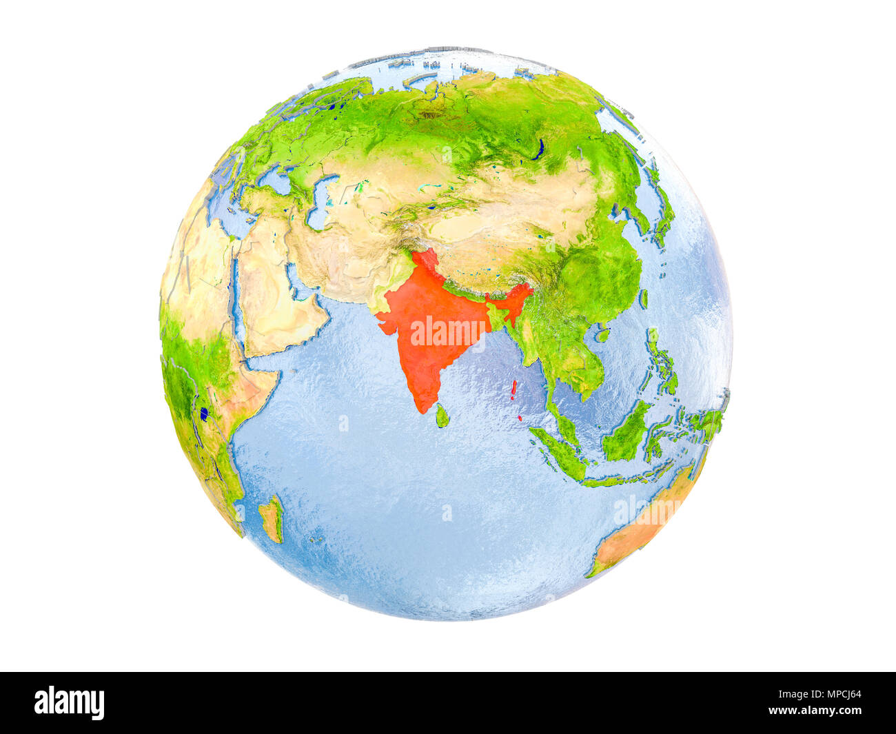 India highlighted in red on model of Earth. 3D illustration isolated on ...