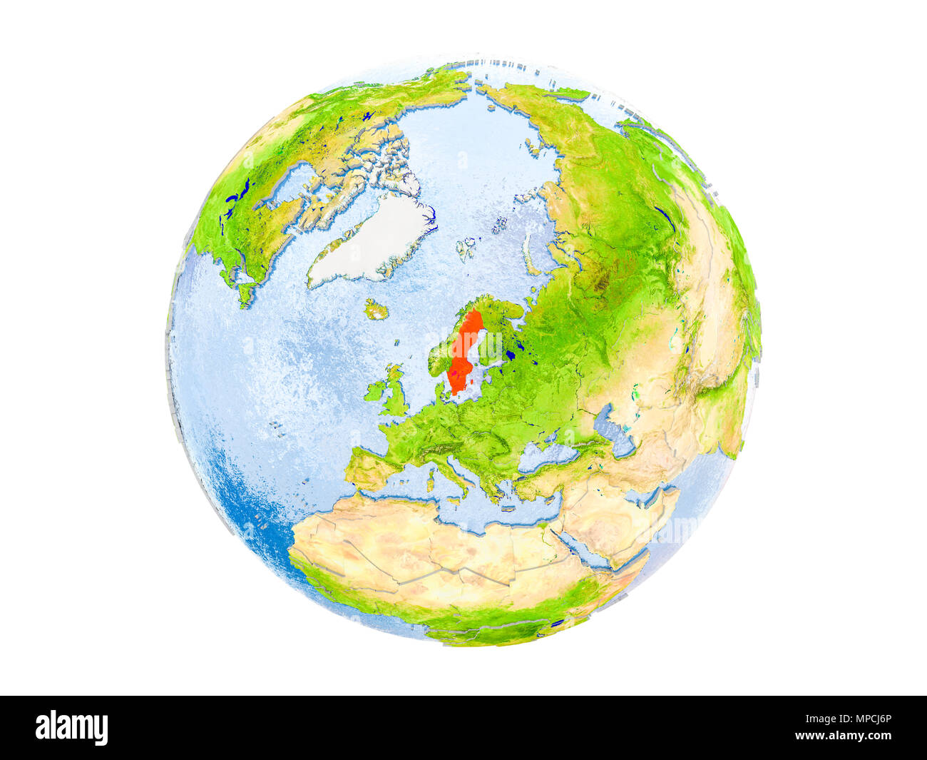 Sweden highlighted in red on model of Earth. 3D illustration isolated ...