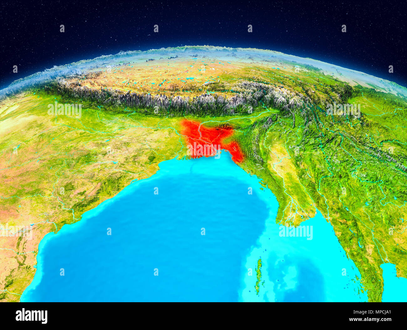 Satellite view of Bangladesh highlighted in red on planet Earth. 3D ...