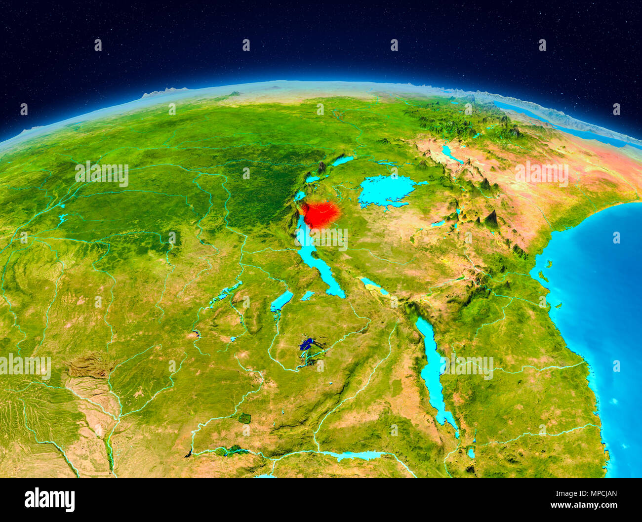 Satellite view of Burundi highlighted in red on planet Earth. 3D illustration. Elements of this ...