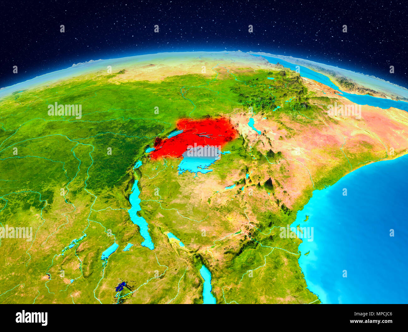 Satellite view of Uganda highlighted in red on planet Earth. 3D ...