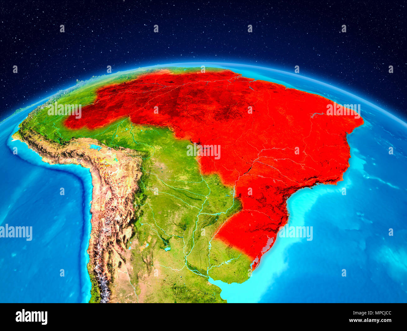 Satellite view of Brazil highlighted in red on planet Earth. 3D ...