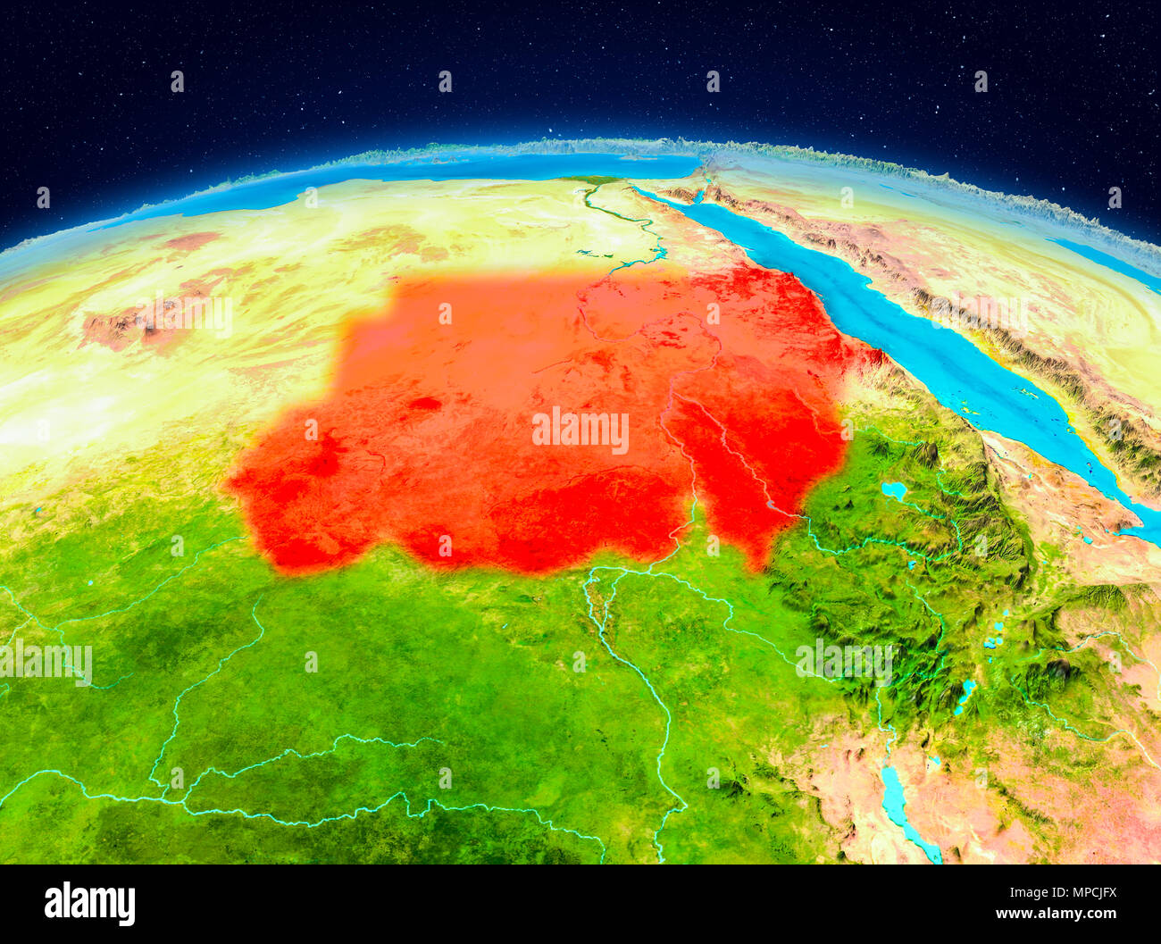 Satellite view of Sudan highlighted in red on planet Earth. 3D illustration. Elements of this ...