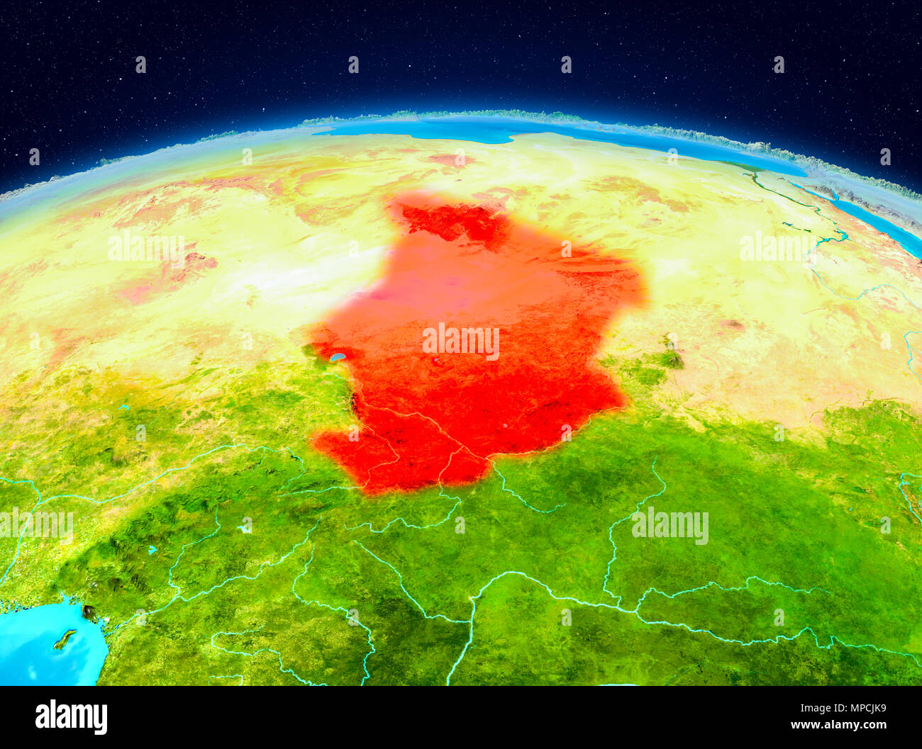 Satellite view of Chad highlighted in red on planet Earth. 3D illustration. Elements of this ...
