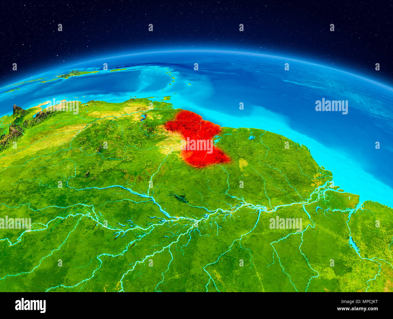 Satellite view of Guyana highlighted in red on planet Earth. 3D ...