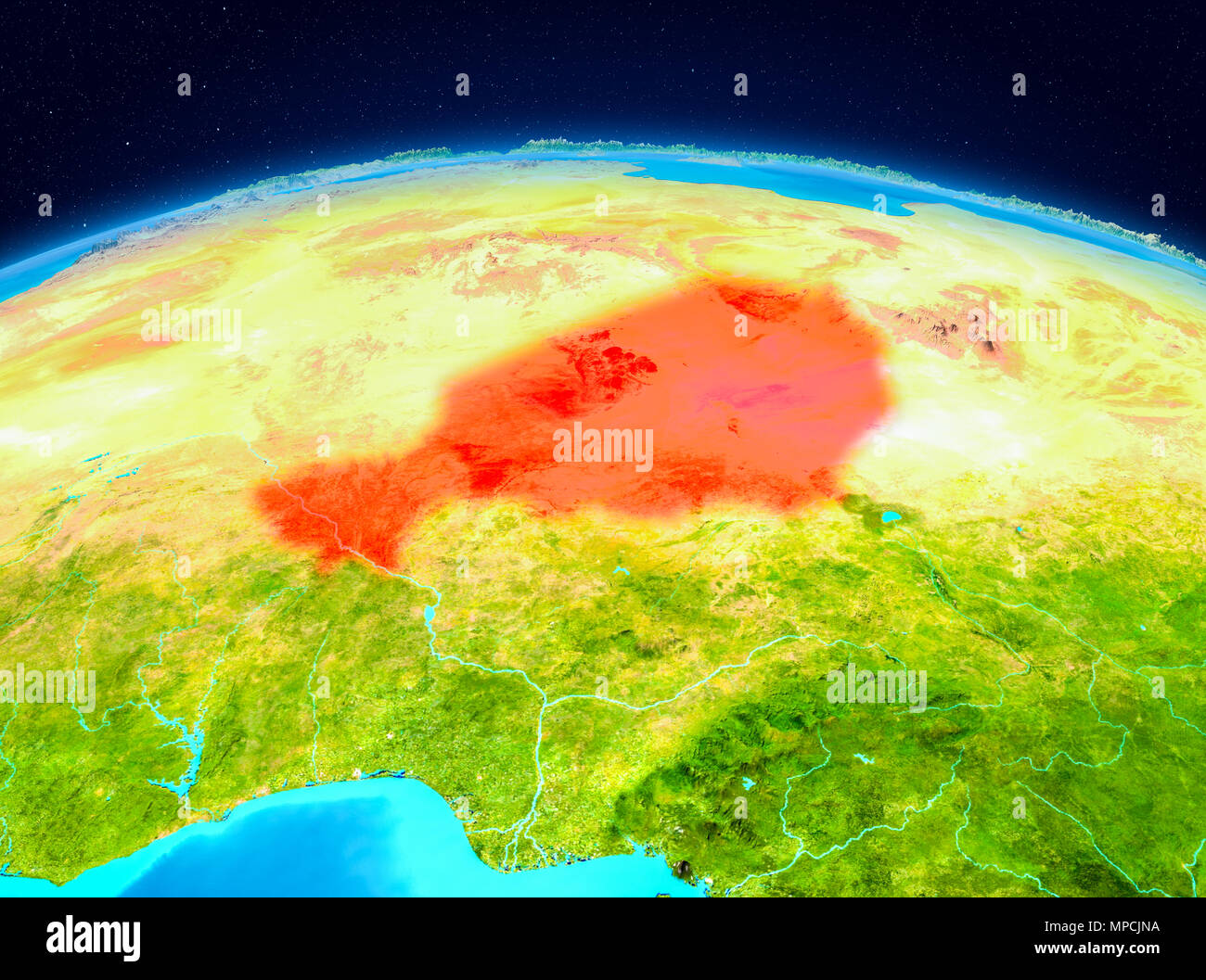 Satellite view of Niger highlighted in red on planet Earth. 3D ...