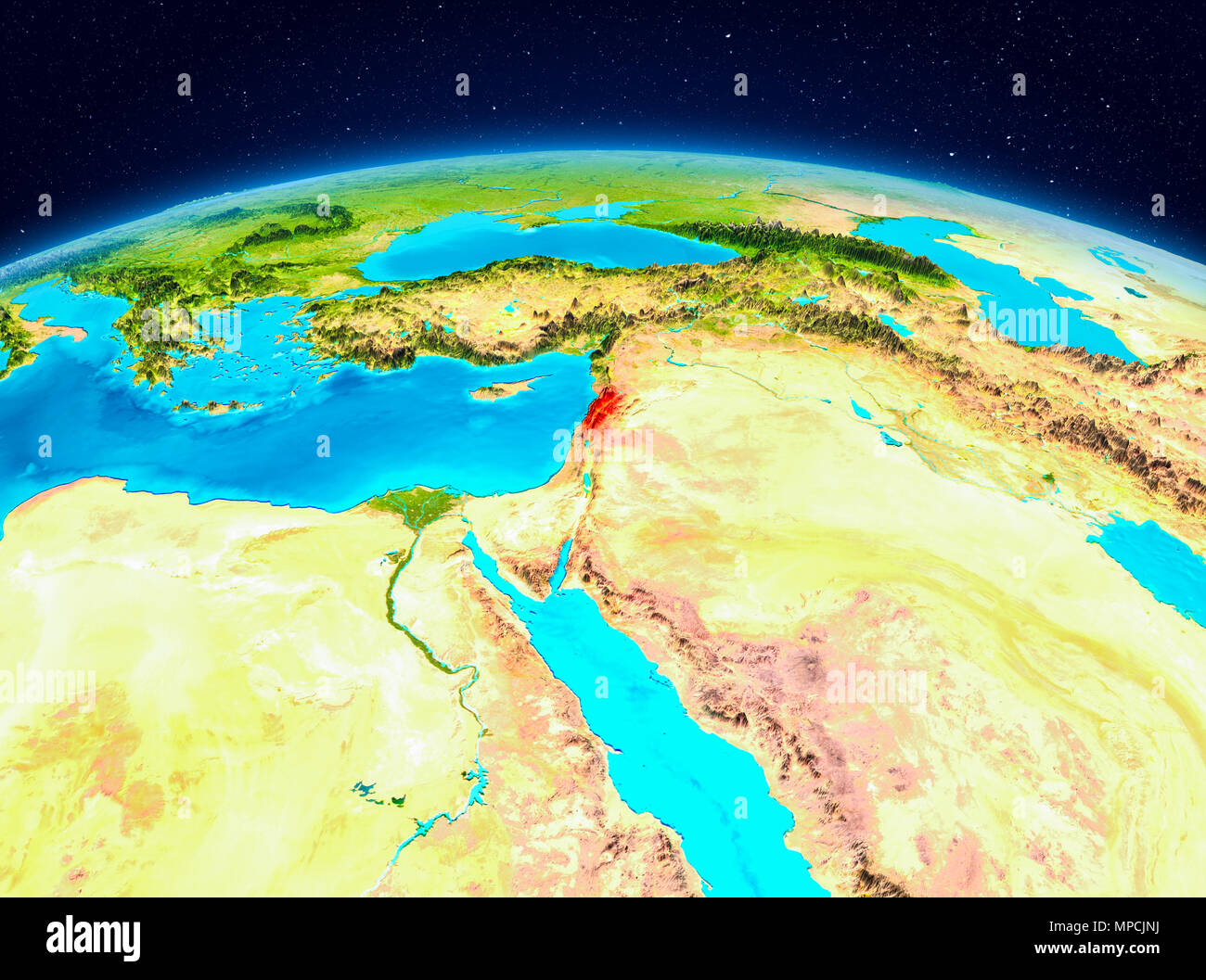 Satellite view of Lebanon highlighted in red on planet Earth. 3D ...