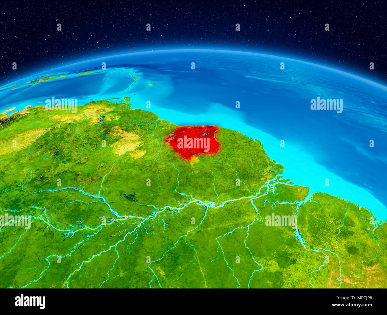 Satellite view of Suriname highlighted in red on planet Earth. 3D ...