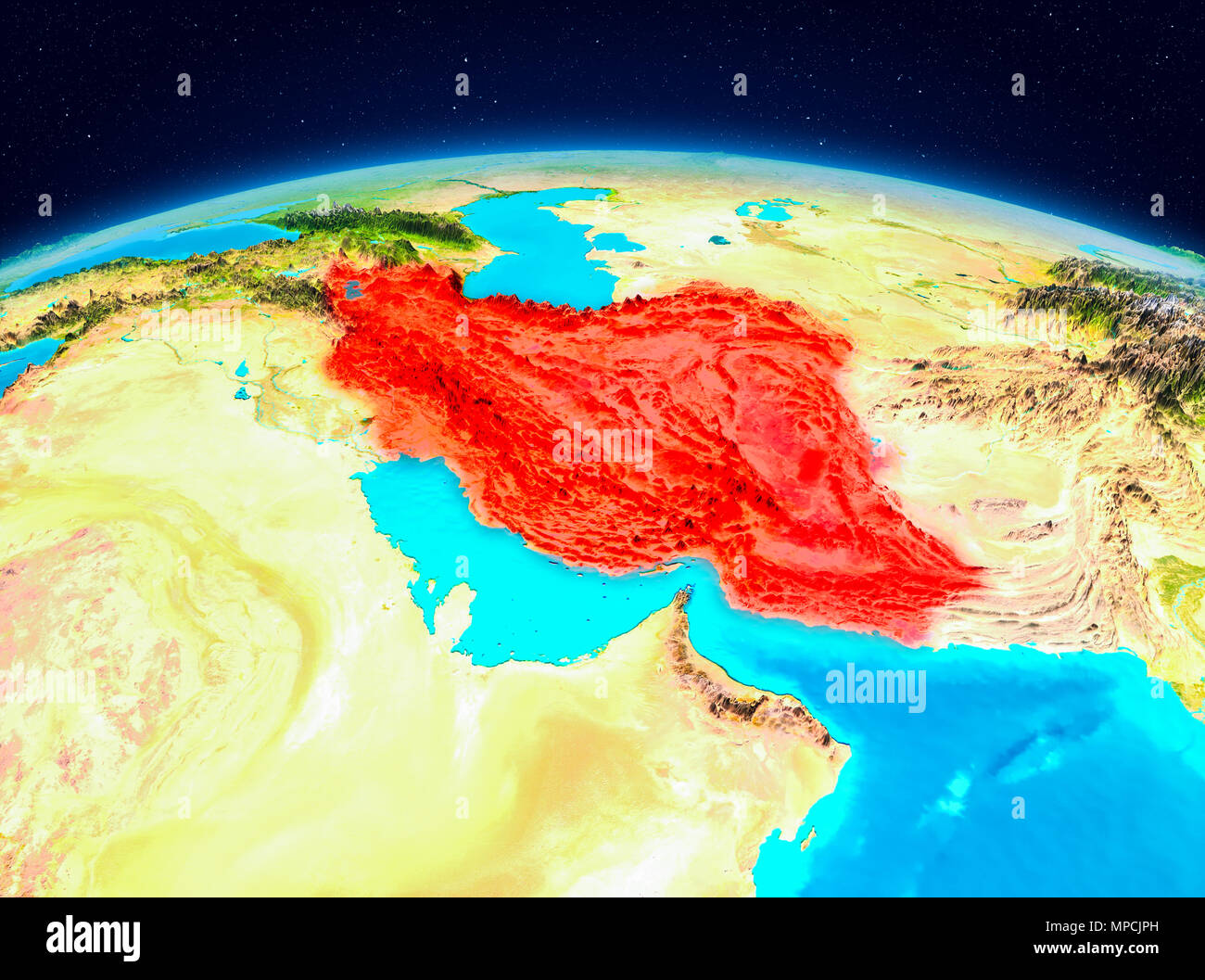Satellite view of Iran highlighted in red on planet Earth. 3D ...