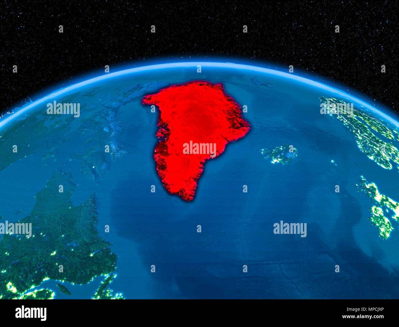 Orbit view of Greenland highlighted in red with visible borderlines and city lights on planet ...