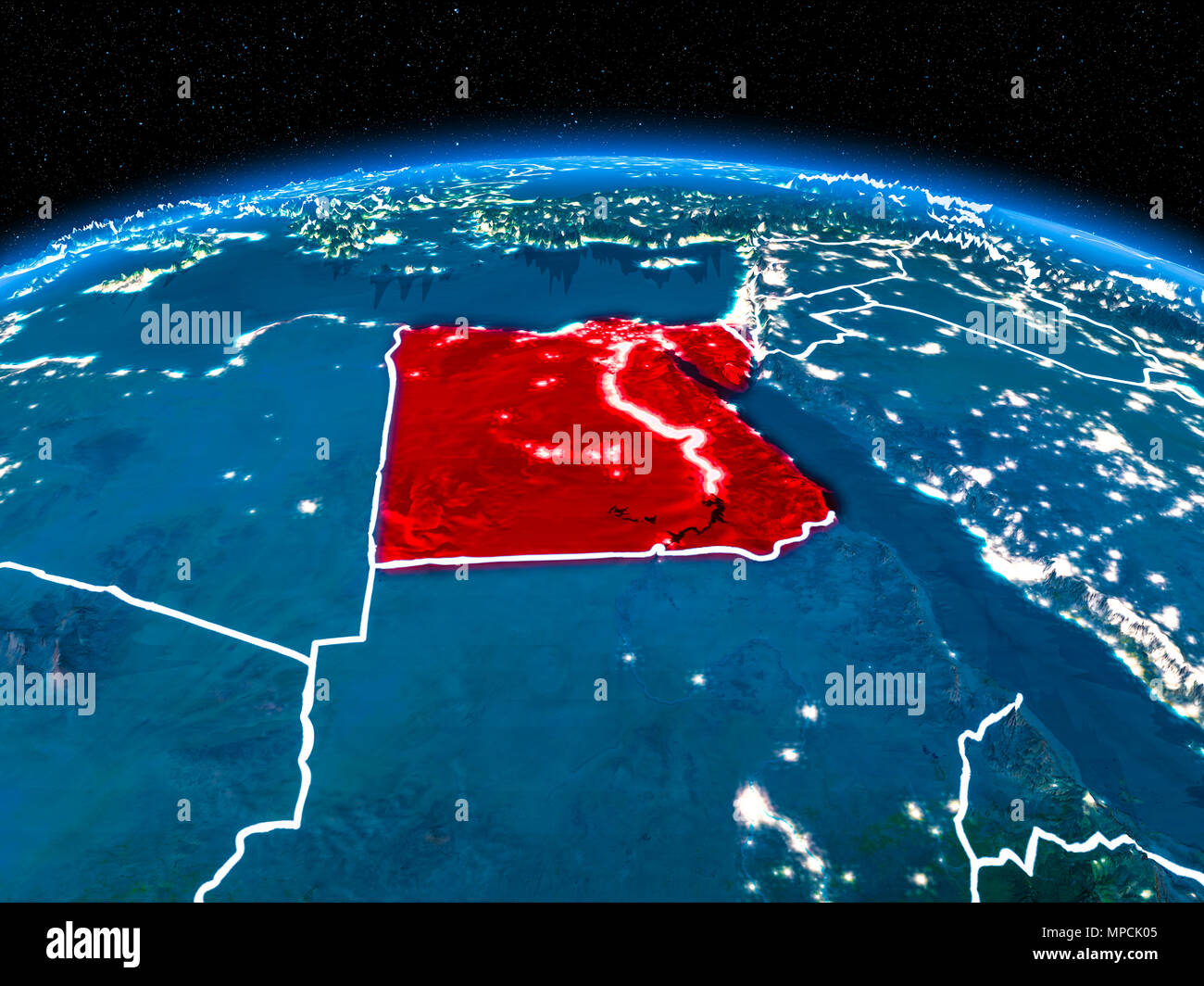 Orbit view of Egypt highlighted in red with visible borderlines and ...