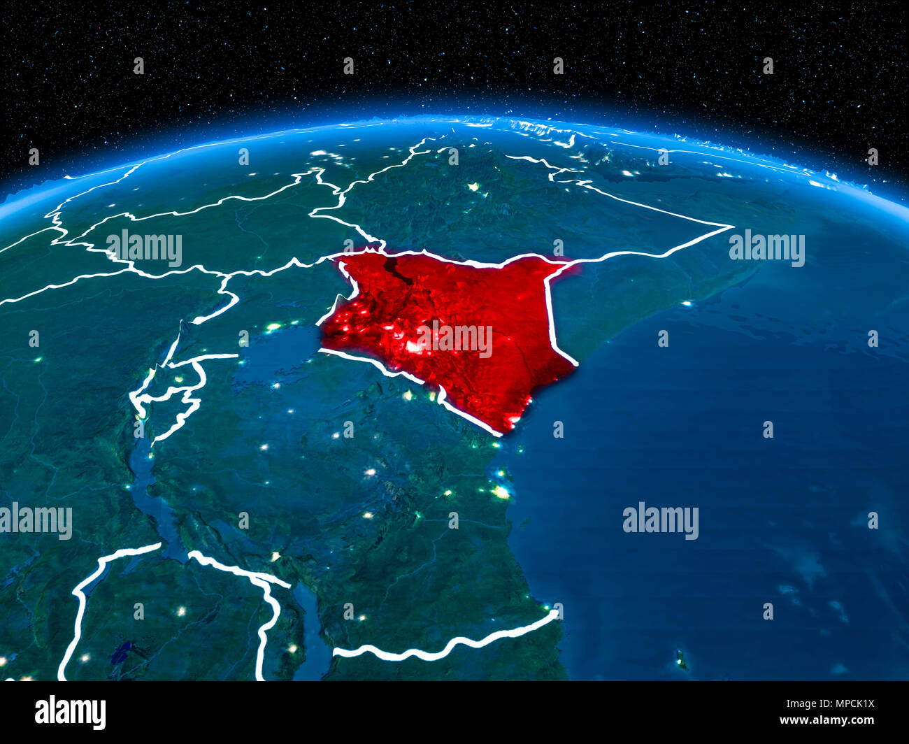 Orbit view of Kenya highlighted in red with visible borderlines and city lights on planet Earth ...