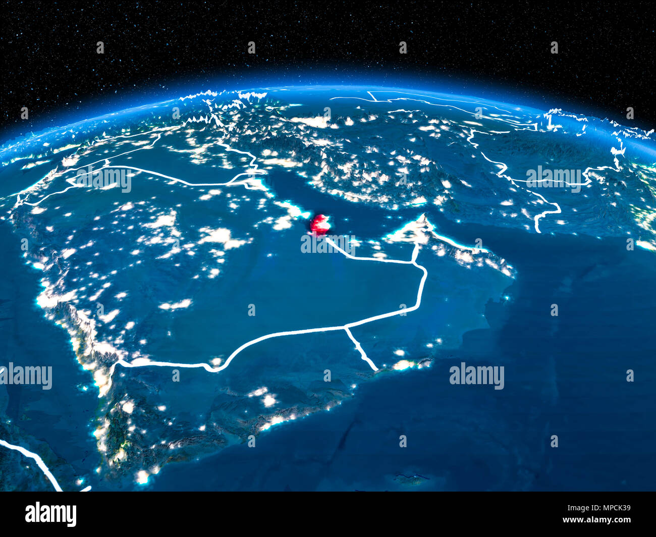 Orbit view of Qatar highlighted in red with visible borderlines and ...