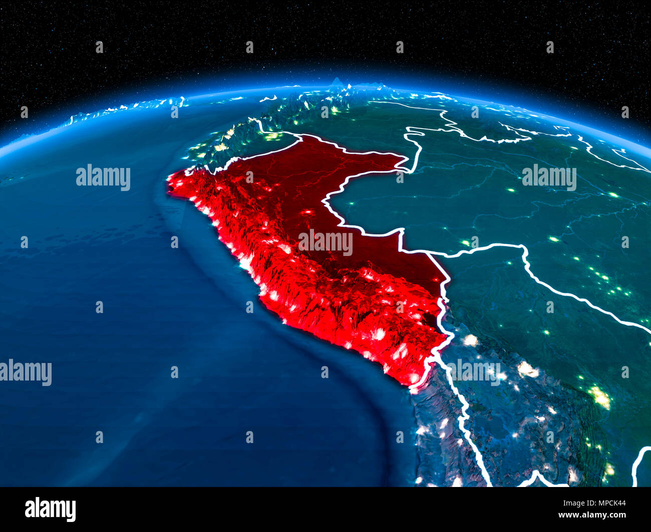 Orbit view of Peru highlighted in red with visible borderlines and city lights on planet Earth ...