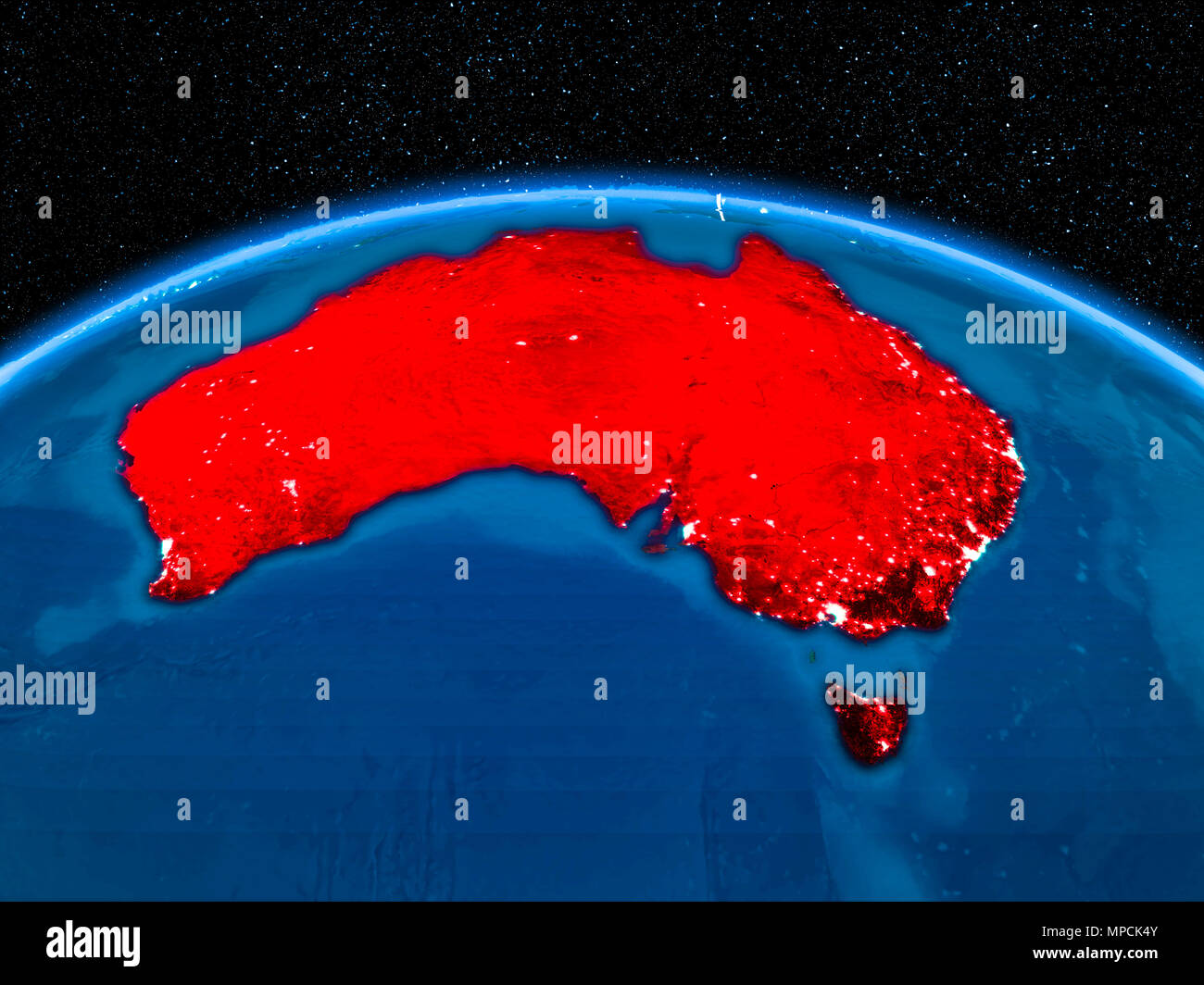 Orbit view of Australia highlighted in red with visible borderlines and city lights on planet ...