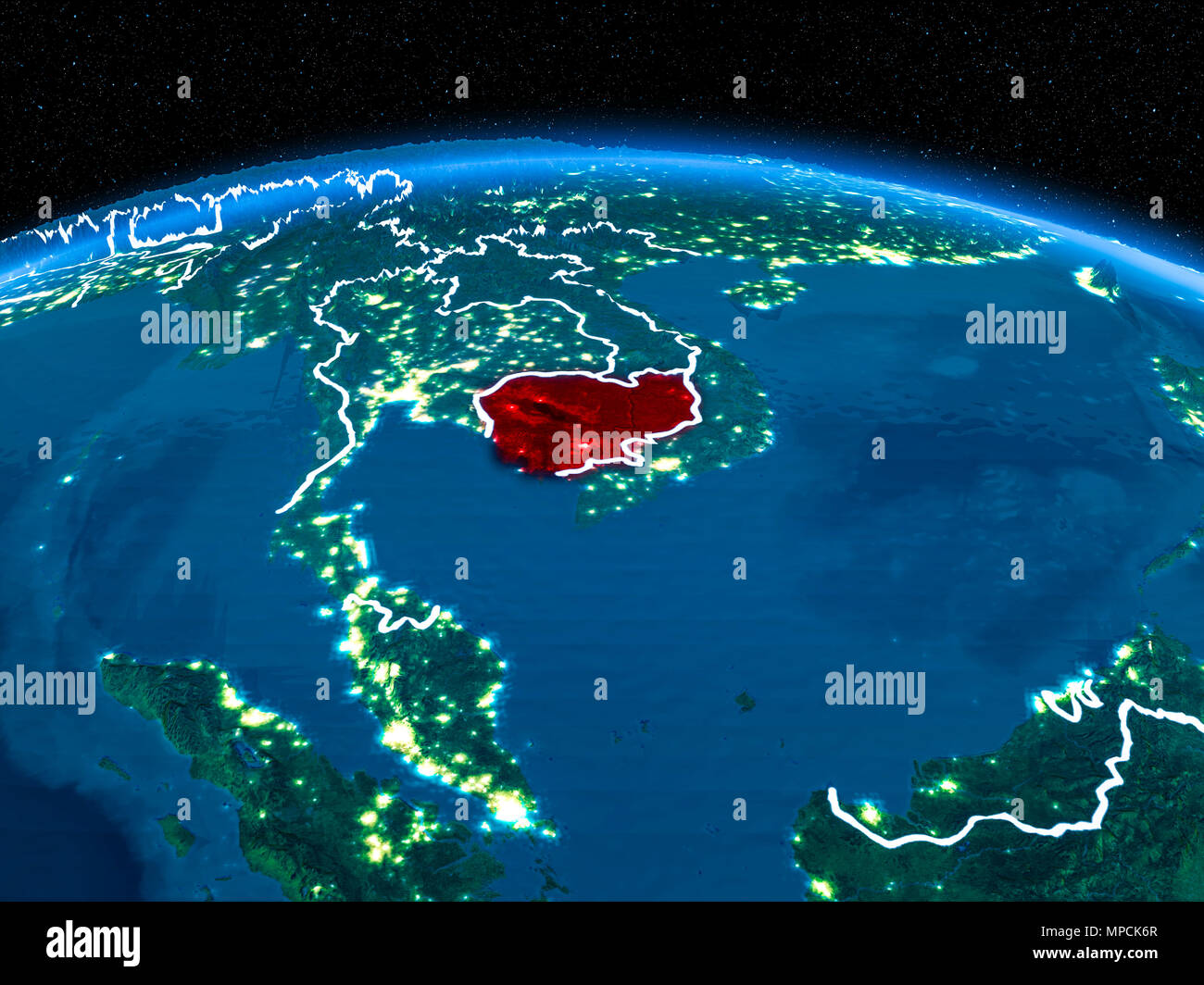 Orbit view of Cambodia highlighted in red with visible borderlines and city lights on planet ...