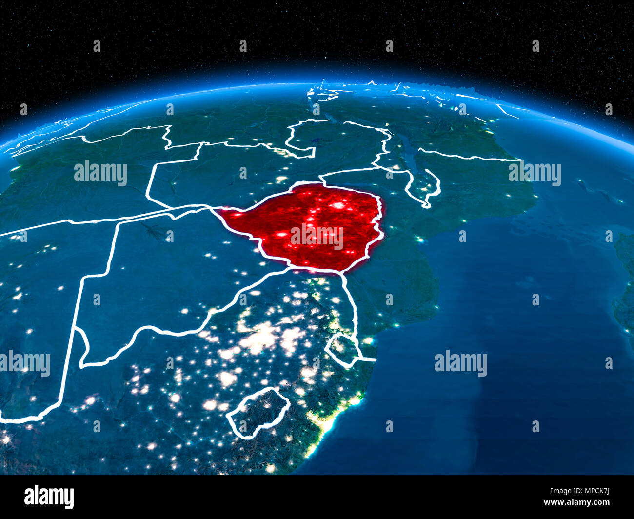 Orbit view of Zimbabwe highlighted in red with visible borderlines and city lights on planet ...