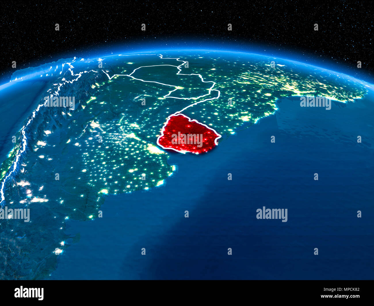 Orbit view of Uruguay highlighted in red with visible borderlines and city lights on planet ...