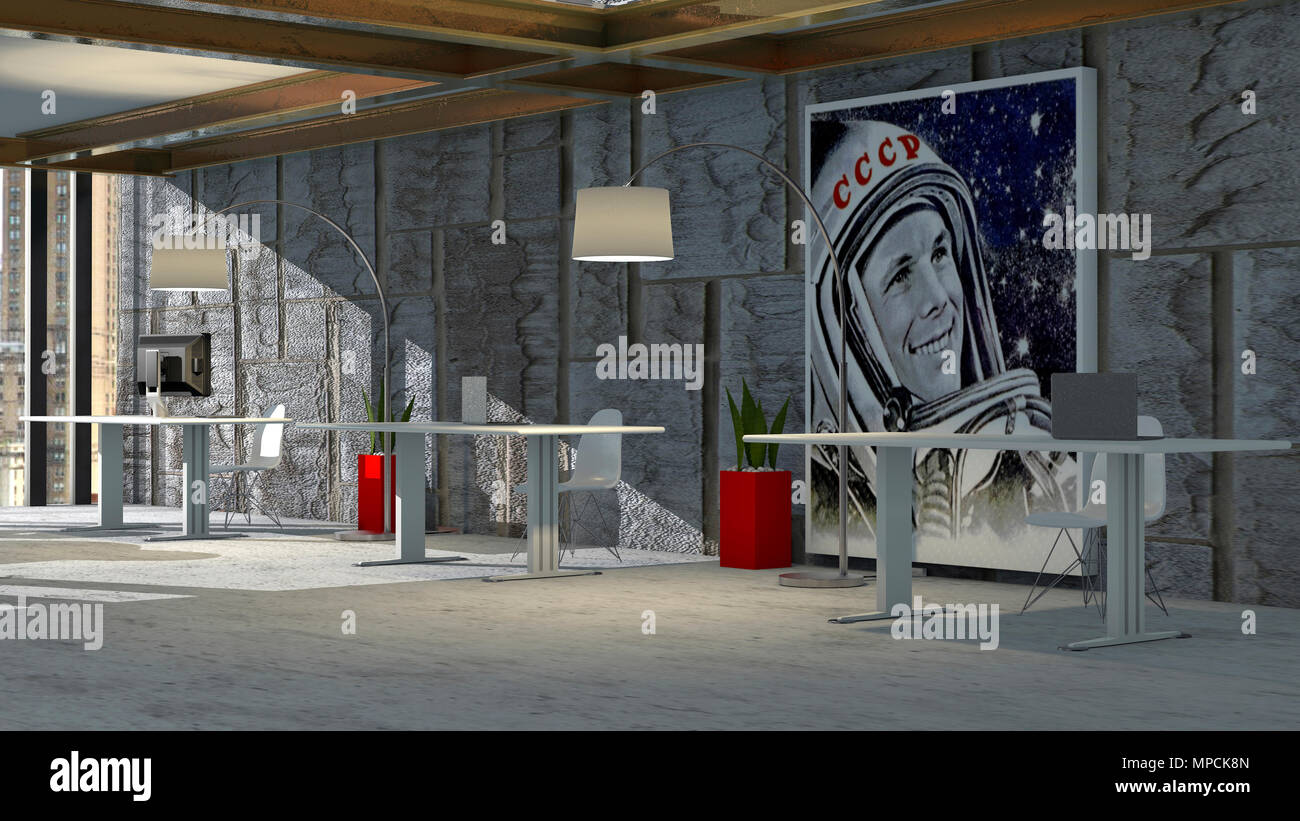 Interior design for a studio, an office in a loft inside a skyscraper ...