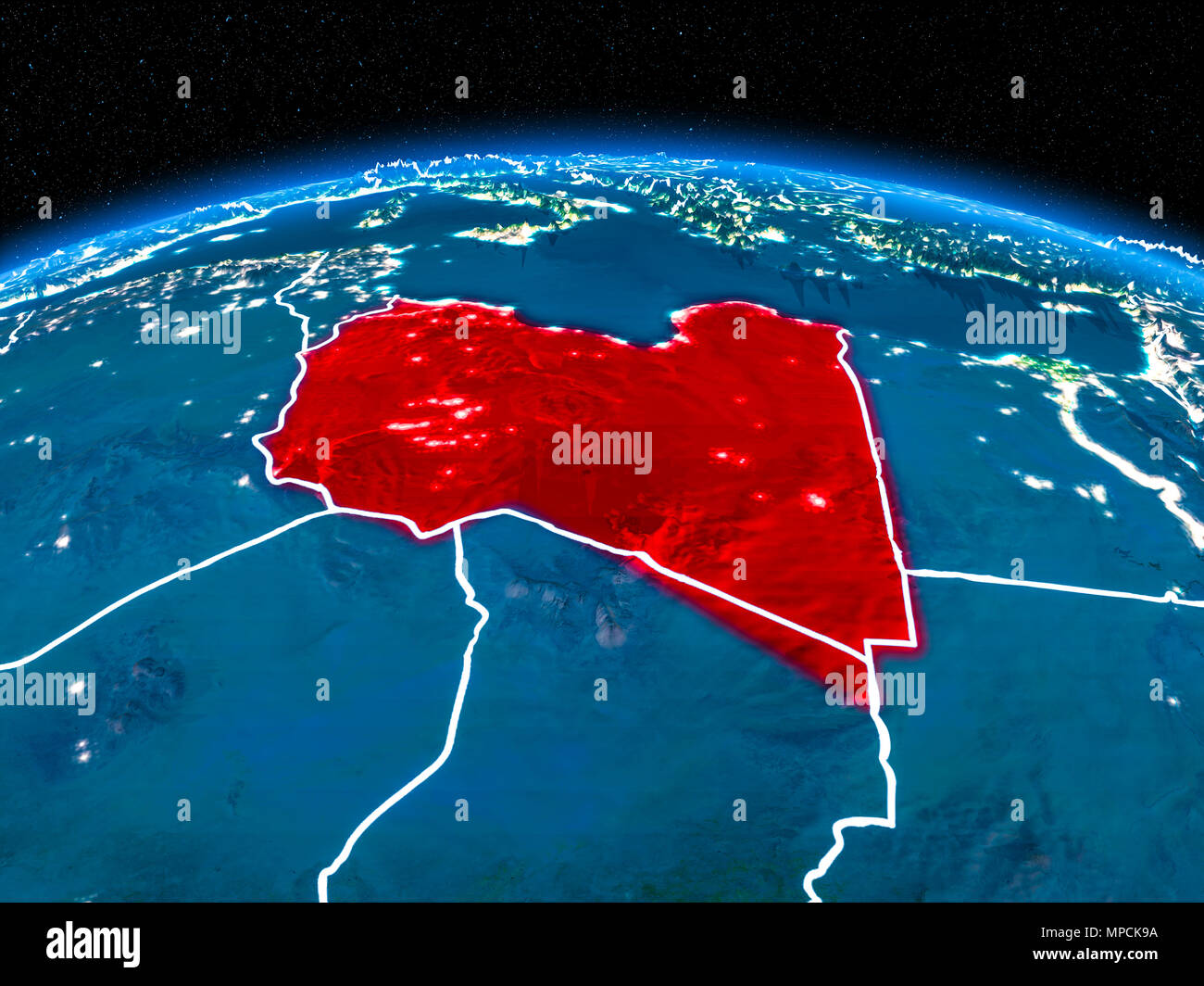 Orbit view of Libya highlighted in red with visible borderlines and city lights on planet Earth ...