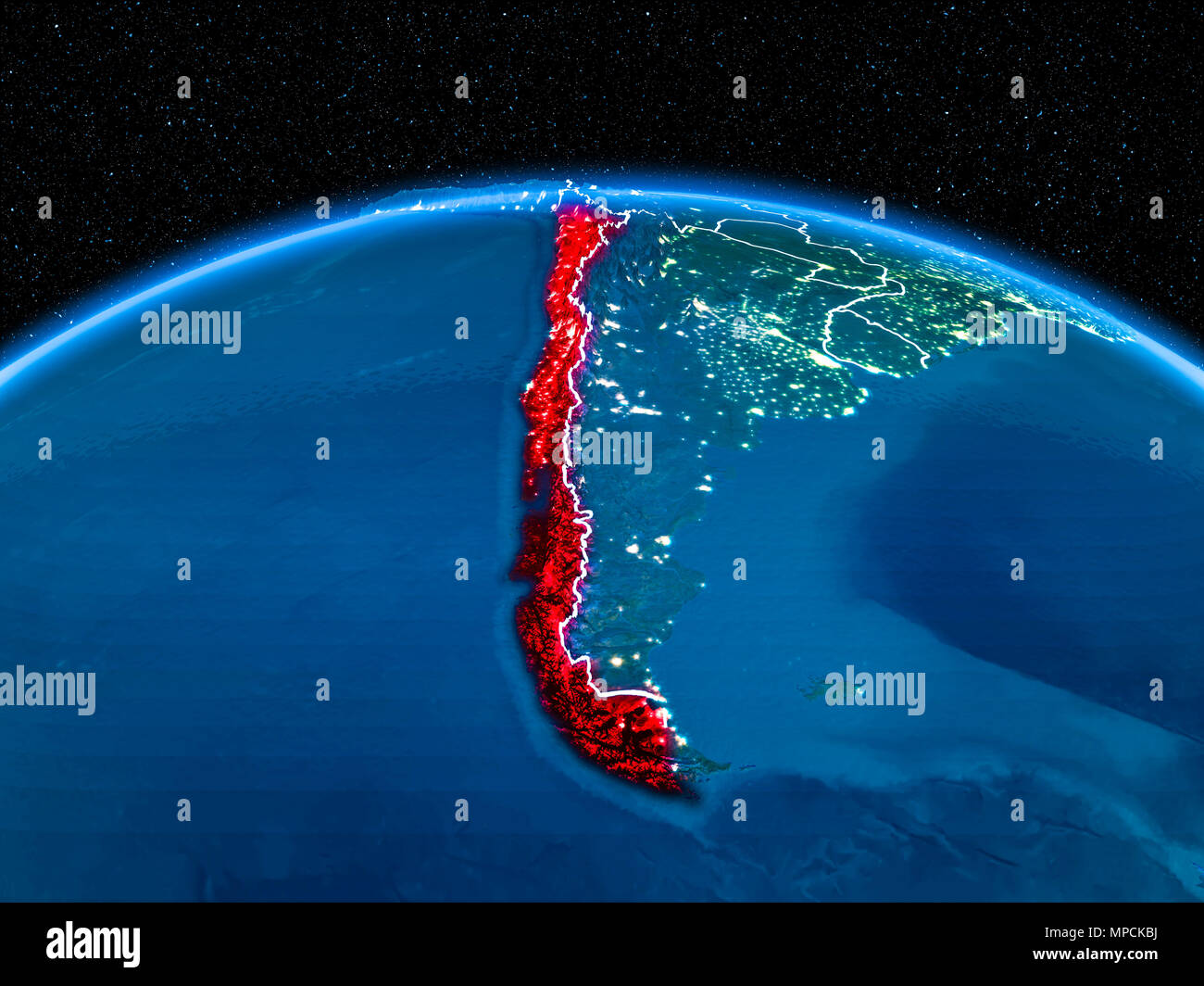 Orbit view of Chile highlighted in red with visible borderlines and city lights on planet Earth ...
