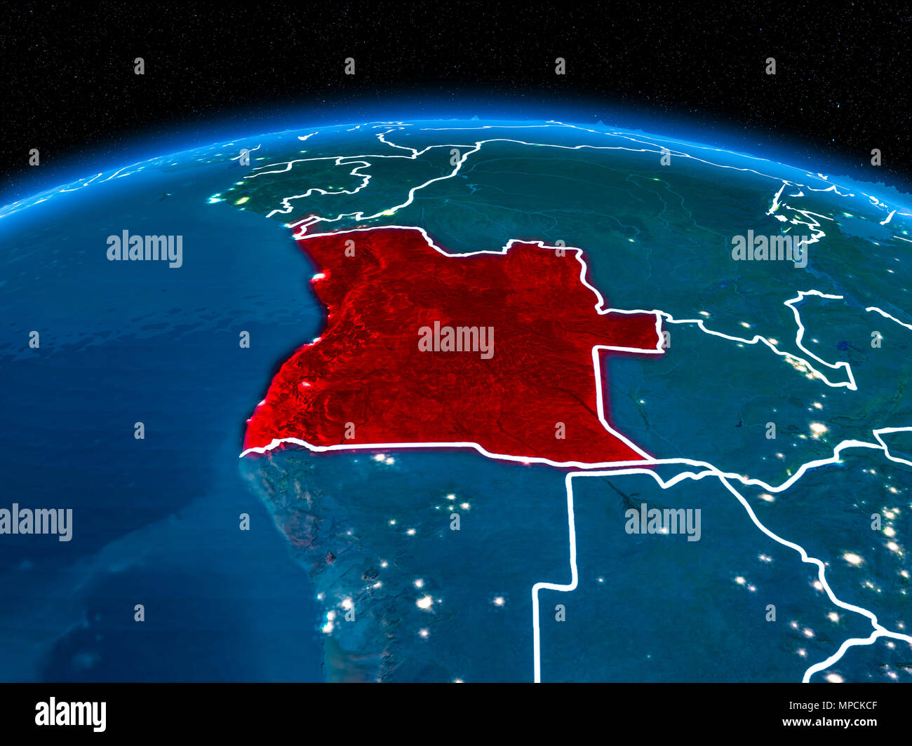 Orbit view of Angola highlighted in red with visible borderlines and city lights on planet Earth ...