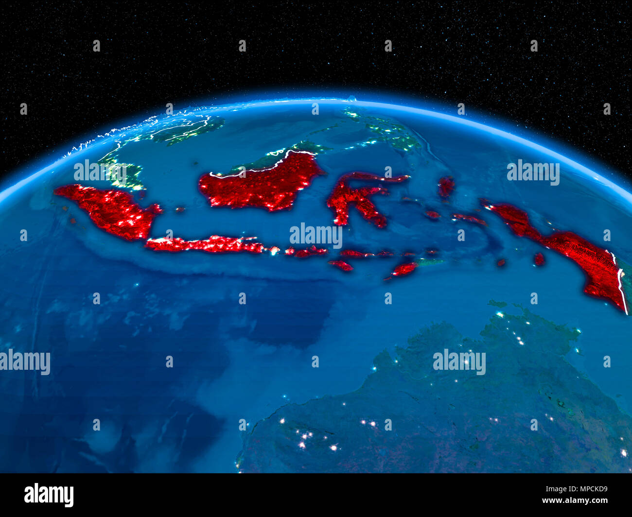 Orbit view of Indonesia highlighted in red with visible borderlines and city lights on planet ...