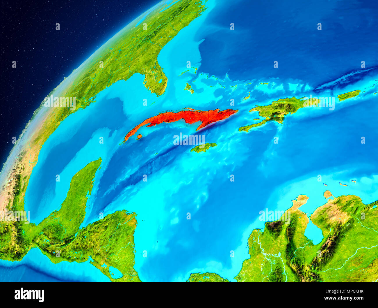 Orbit view of Cuba highlighted in red on planet Earth. 3D illustration ...