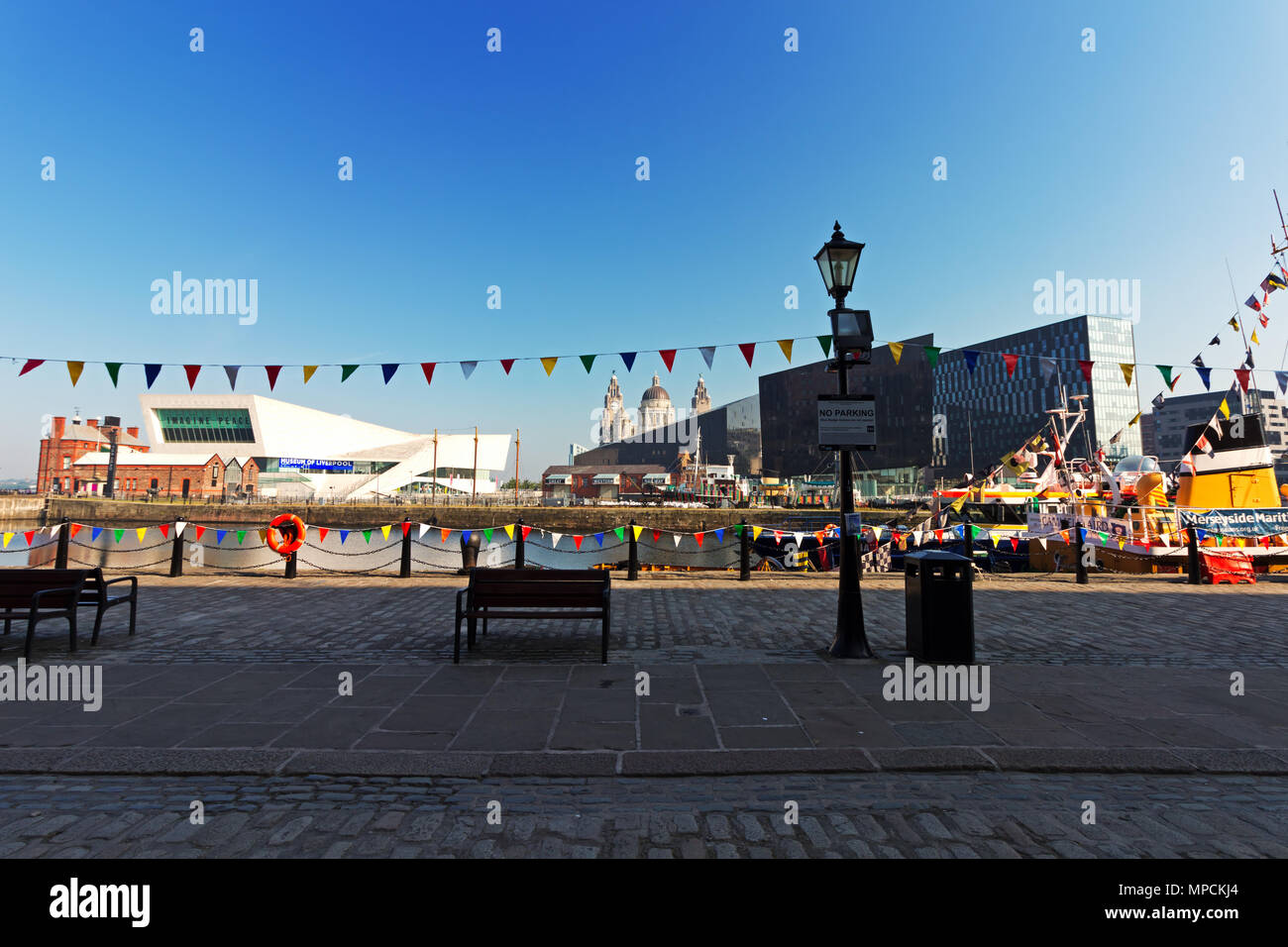 Liverpool waterfront buildings on a beautiful summer morning taken from ...