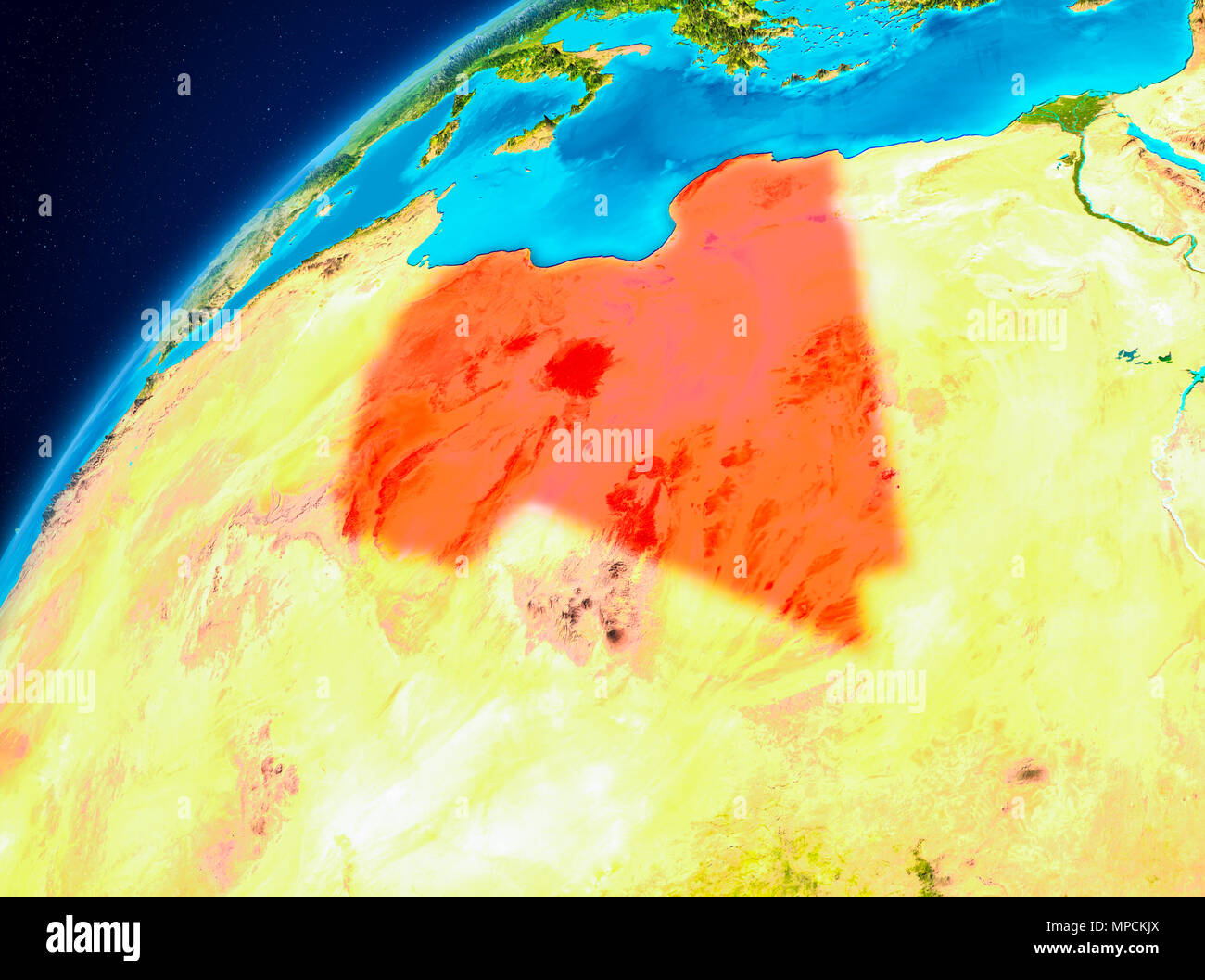 Orbit view of Libya highlighted in red on planet Earth. 3D illustration. Elements of this image ...
