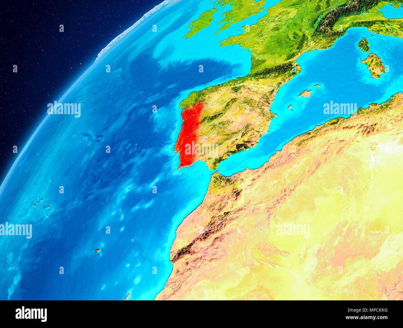 Orbit view of Portugal highlighted in red on planet Earth. 3D ...