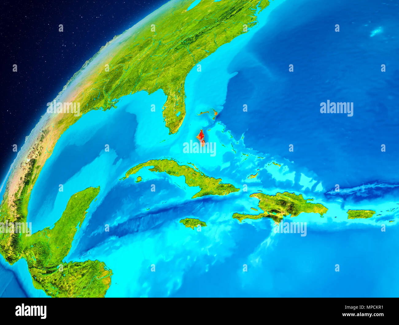 Orbit view of Bahamas highlighted in red on planet Earth. 3D ...