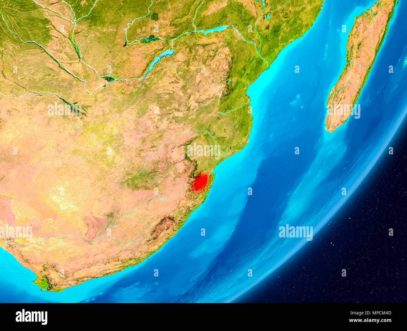 Map of Swaziland as seen from space on planet Earth. 3D illustration ...