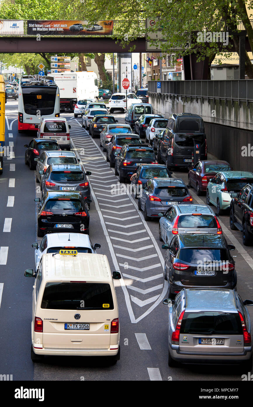 Europe, Germany, Cologne, traffic jam on the Rheinufer street, exit ...