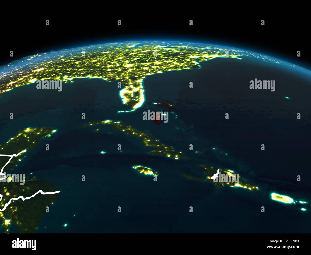 Space orbit view of Bahamas highlighted in red on planet Earth at night with visible country ...