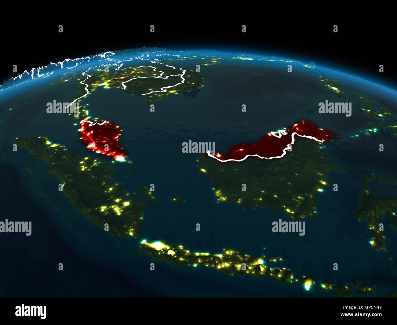 Space orbit view of Malaysia highlighted in red on planet Earth at night with visible country ...
