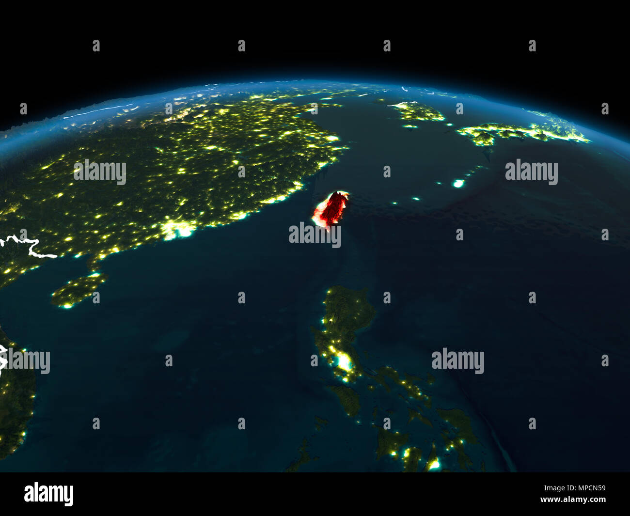 Space orbit view of Taiwan highlighted in red on planet Earth at night with visible country ...