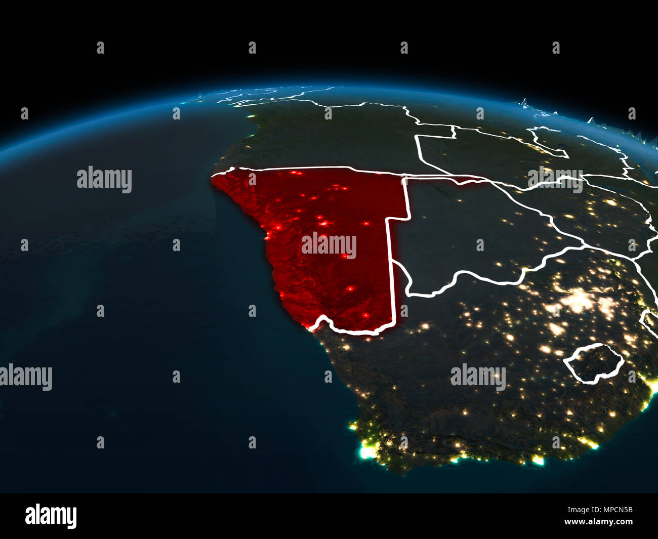 Space orbit view of Namibia highlighted in red on planet Earth at night with visible country ...