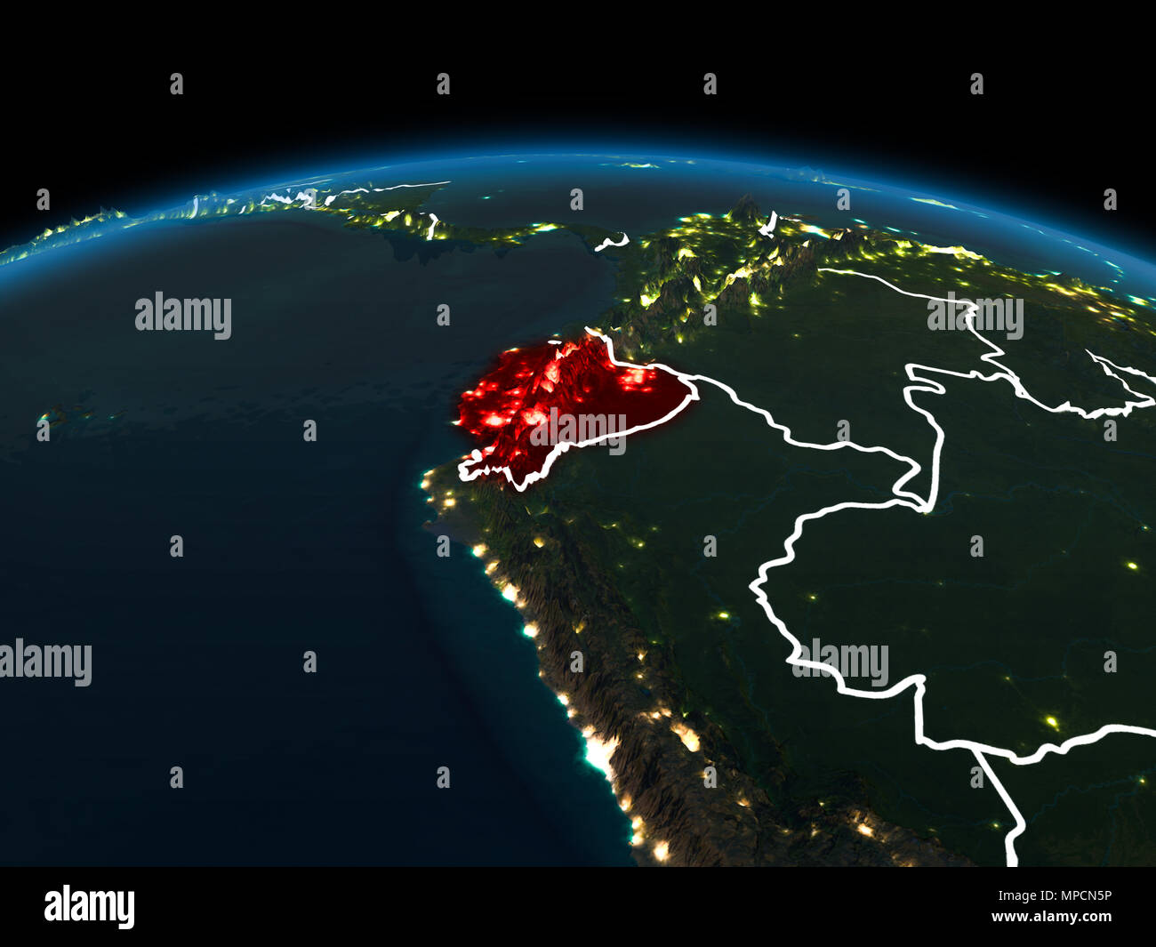 Space orbit view of Ecuador highlighted in red on planet Earth at night with visible country ...