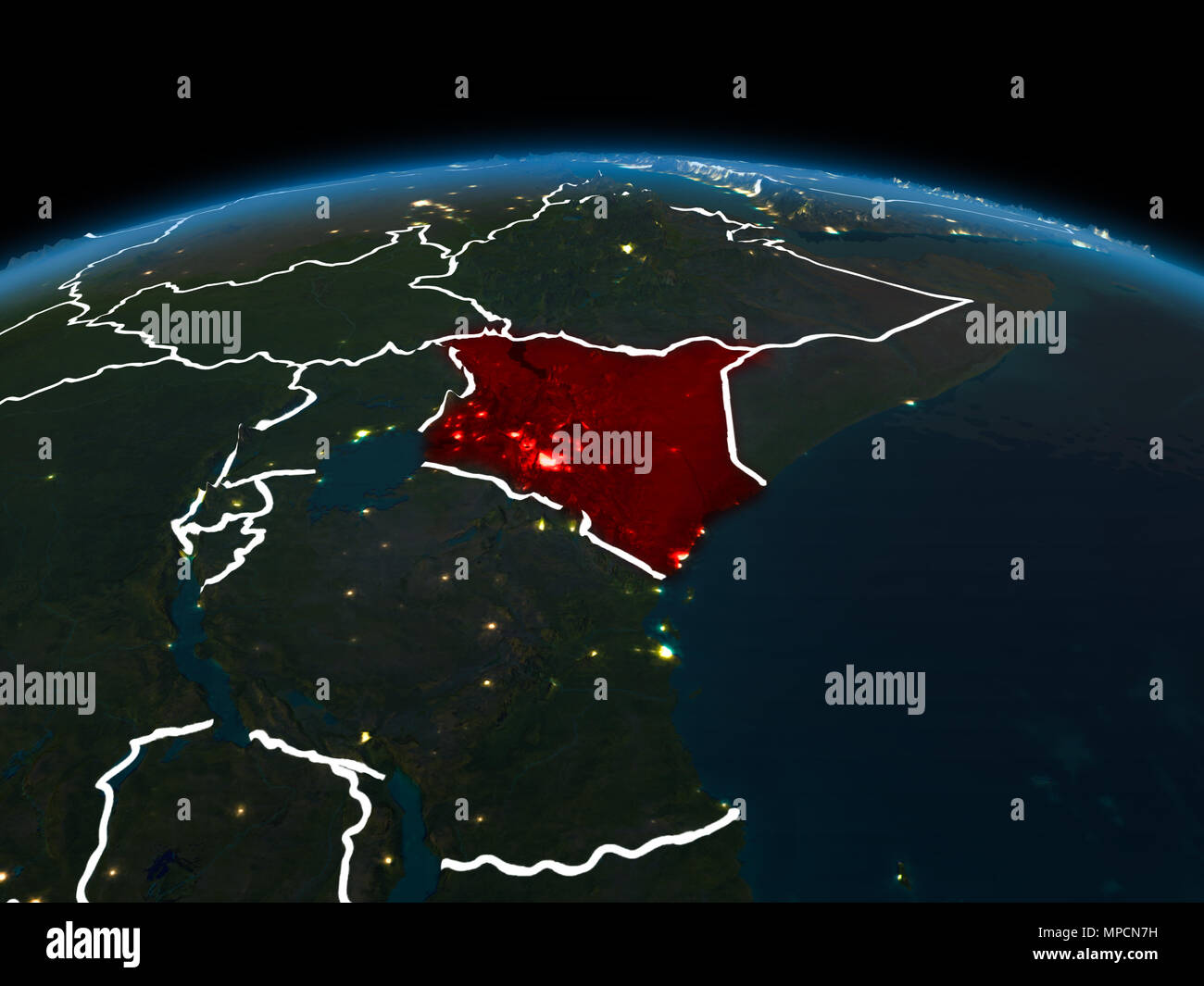Space orbit view of Kenya highlighted in red on planet Earth at night with visible country ...