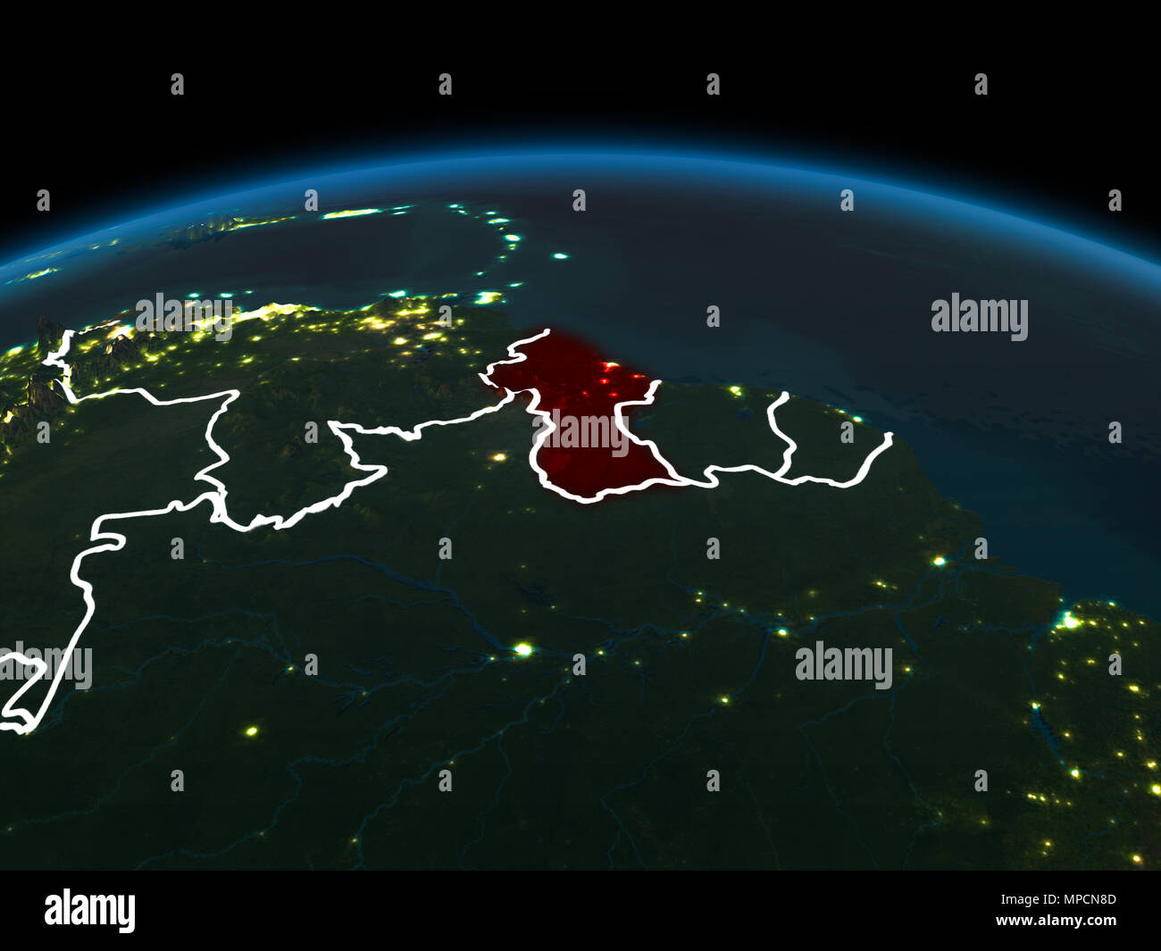Space orbit view of Guyana highlighted in red on planet Earth at night ...