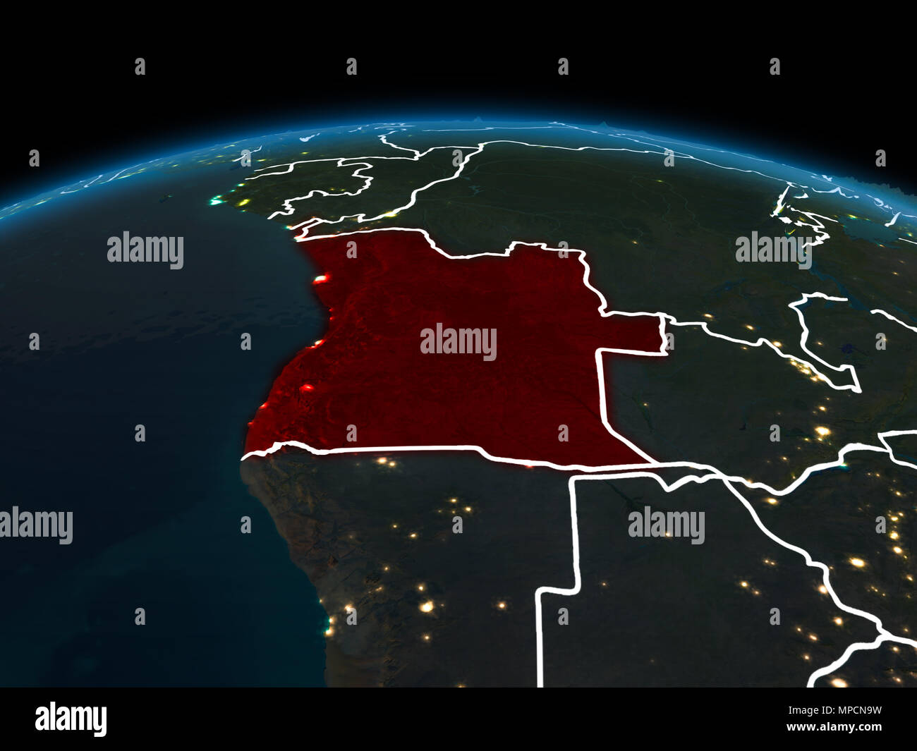 Space orbit view of Angola highlighted in red on planet Earth at night with visible country ...
