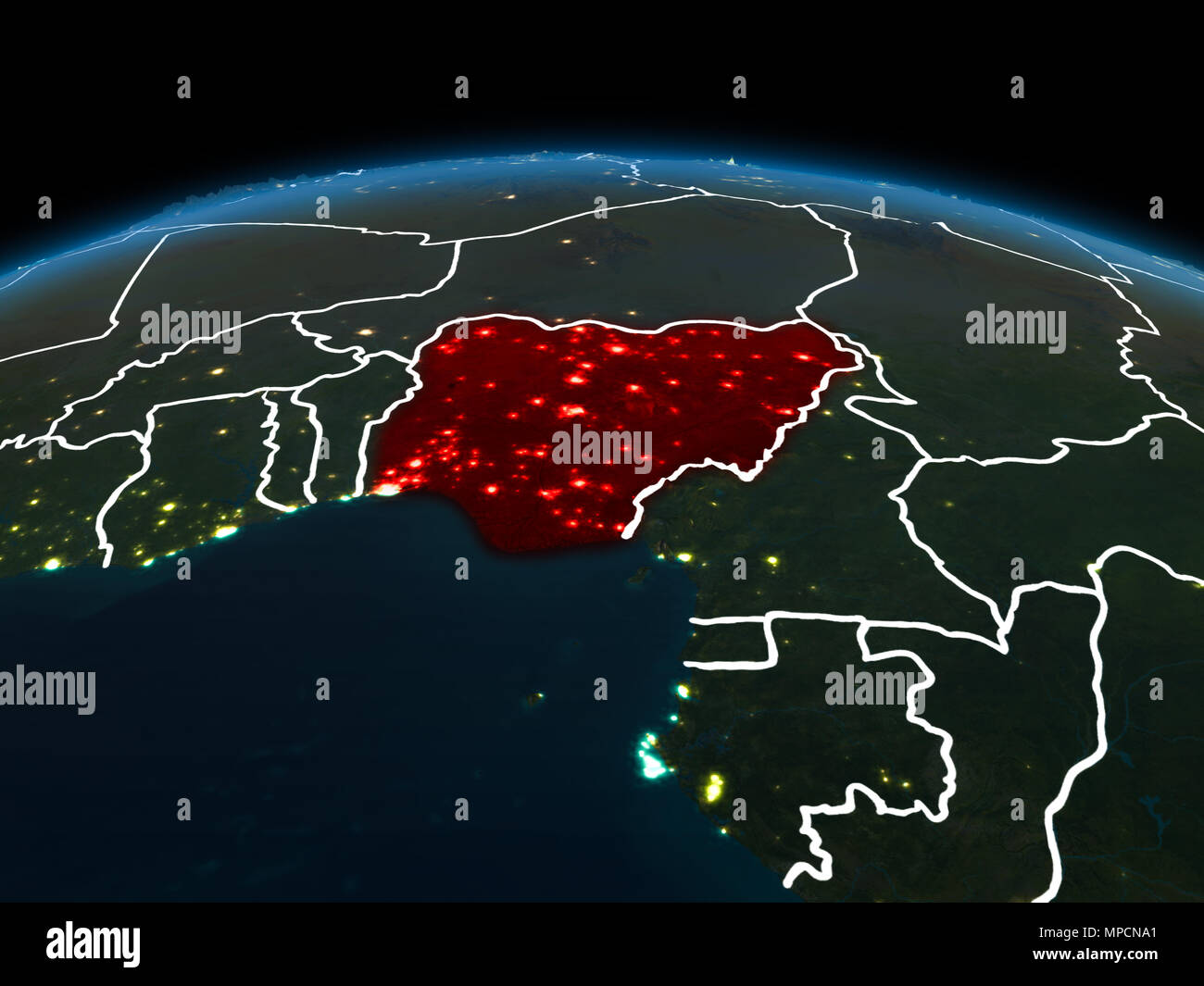 Space orbit view of Nigeria highlighted in red on planet Earth at night with visible country ...