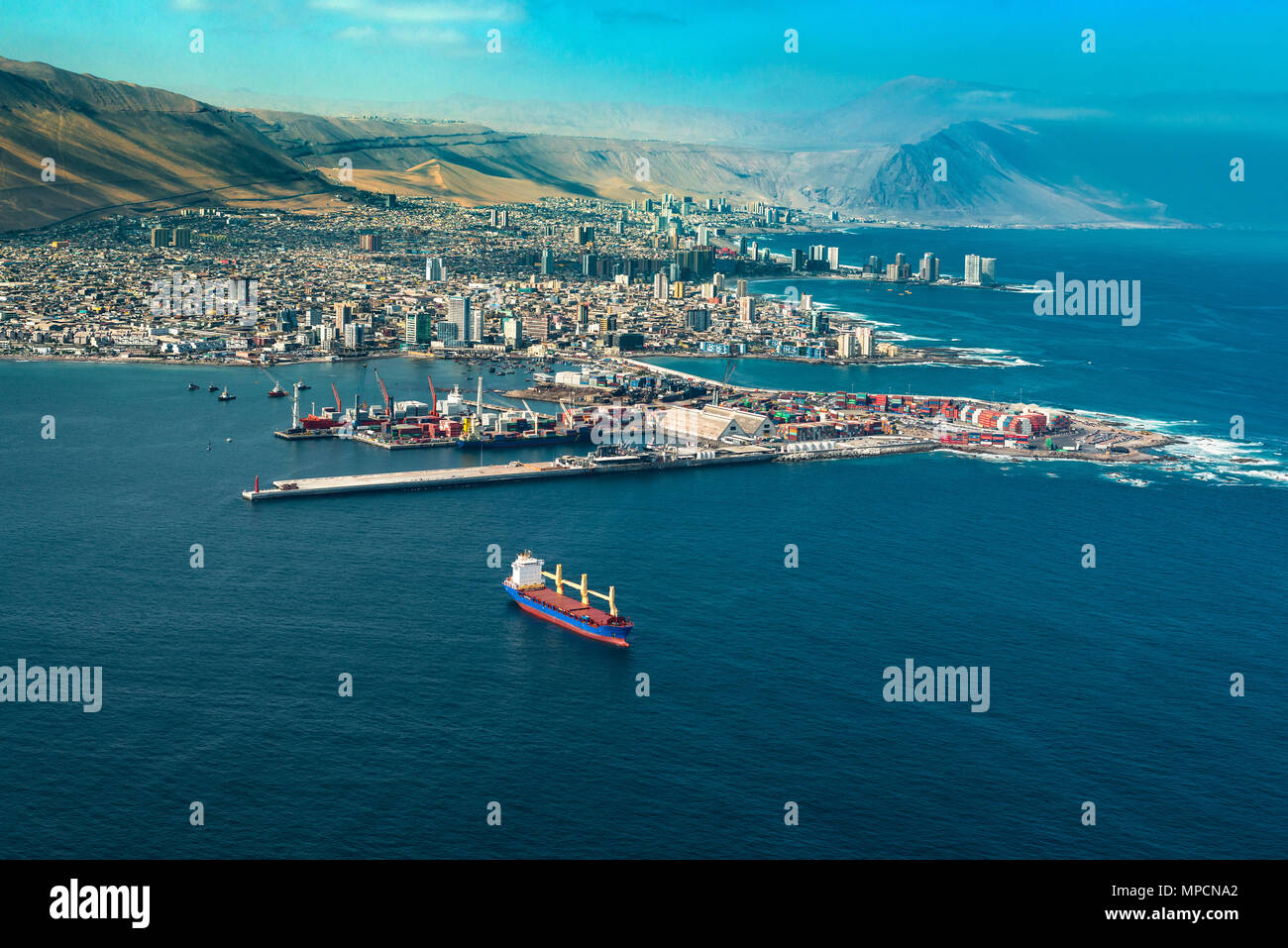 Aerial view of the port city of Iquique in northern Chile at the shores ...