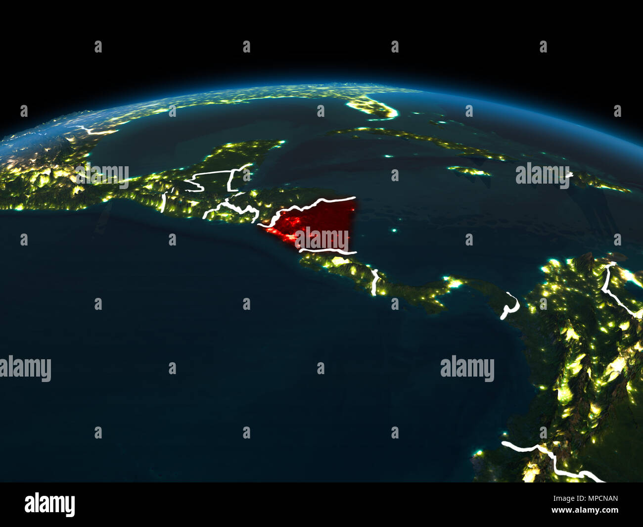 Space orbit view of Nicaragua highlighted in red on planet Earth at night with visible country ...