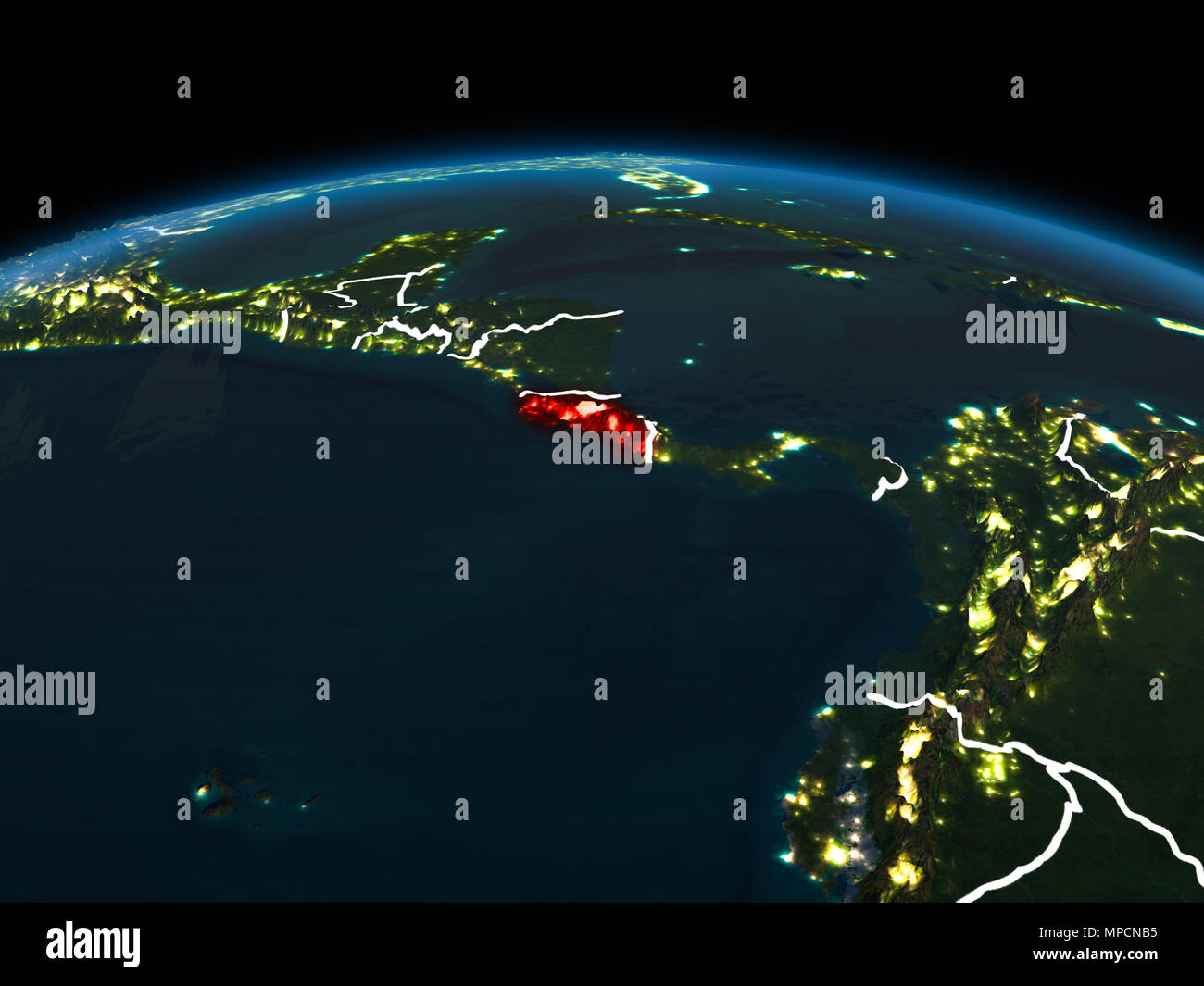 Space orbit view of Costa Rica highlighted in red on planet Earth at night with visible country ...